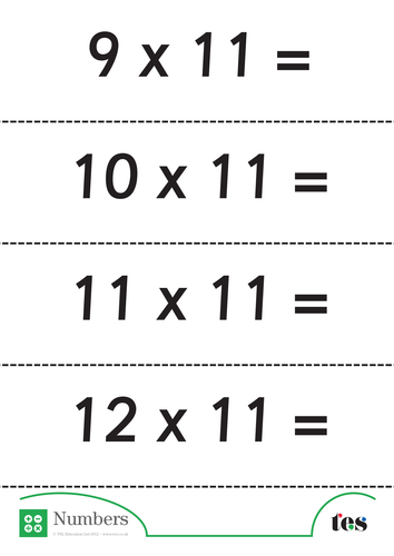 Eleven Times Table Flash Cards - without answers | Teaching Resources