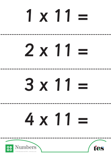 Eleven Times Table Flash Cards - without answers | Teaching Resources
