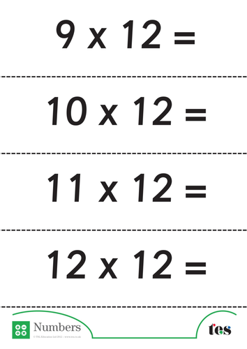 Twelve Times Table Flash Cards - without answers | Teaching Resources