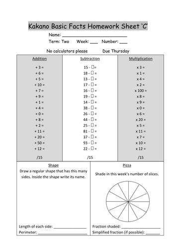 Generic Basic Facts Maths Homework | Teaching Resources