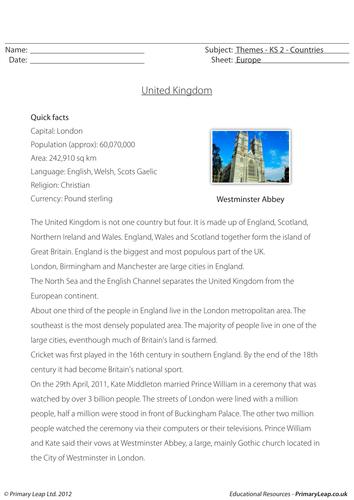 Facts about the United Kingdom - Comprehension | Teaching Resources