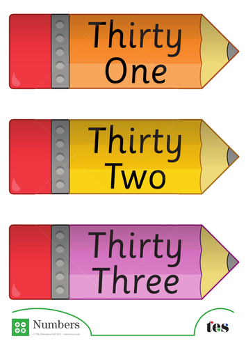 Written Number Flash Cards - Pencil Theme 28-36 | Teaching Resources