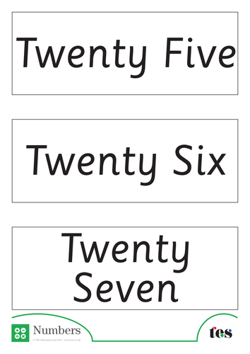 Number Flash Cards One to Fifty - Words Only 19-27 | Teaching Resources