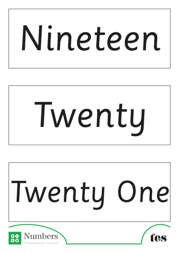 Number Flash Cards One to Fifty - Words Only 19-27 | Teaching Resources