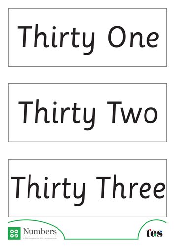 Number Flash Cards One to Fifty - Words Only 28-36 | Teaching Resources