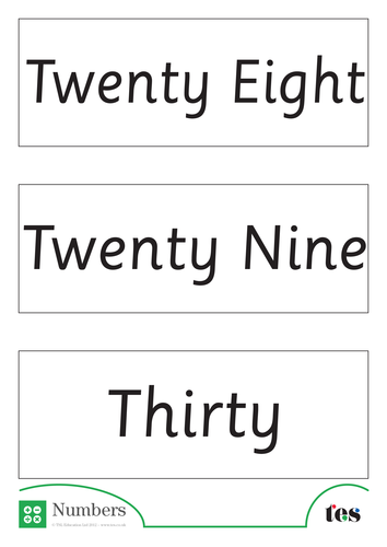 Number Flash Cards One to Fifty - Words Only 28-36 | Teaching Resources