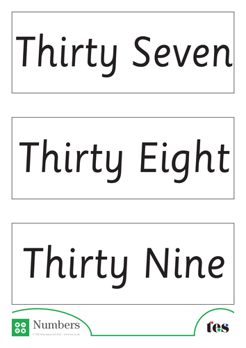 Number Flash Cards One to Fifty - Words Only 37-45 | Teaching Resources