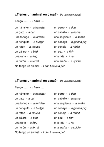 Los animales en casa vocab sheets | Teaching Resources