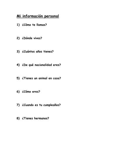 Mi informacion personal - key questions & answers | Teaching Resources