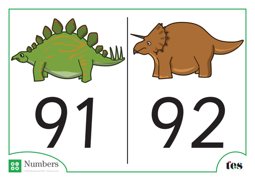Number Cards - Dinosaur Theme 91-100 | Teaching Resources