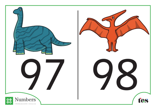 Number Cards - Dinosaur Theme 91-100 | Teaching Resources