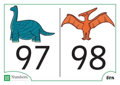 Number Cards - Dinosaur Theme 91-100 | Teaching Resources