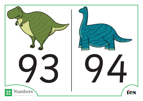 Number Cards - Dinosaur Theme 91-100 | Teaching Resources