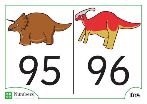 Number Cards - Dinosaur Theme 91-100 | Teaching Resources