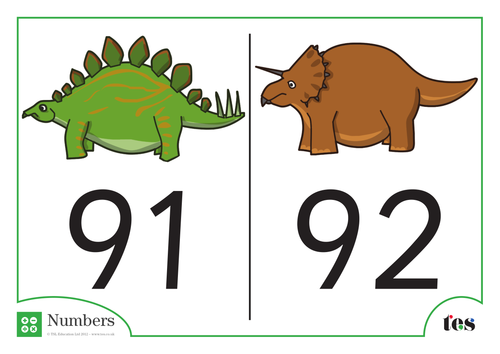 Number Cards - Dinosaur Theme 91-100 | Teaching Resources