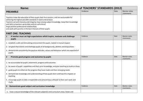 NQT Evidence grid with new standards (May 2012) | Teaching Resources