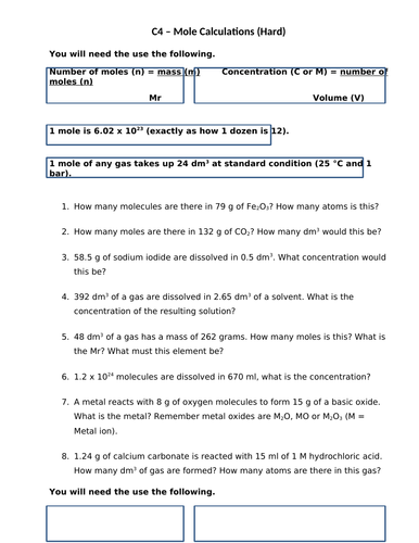 Differentiated Mole Calculations now with answers | Teaching Resources