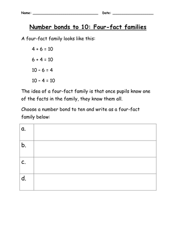 Number bonds to 10 - four-fact families | Teaching Resources