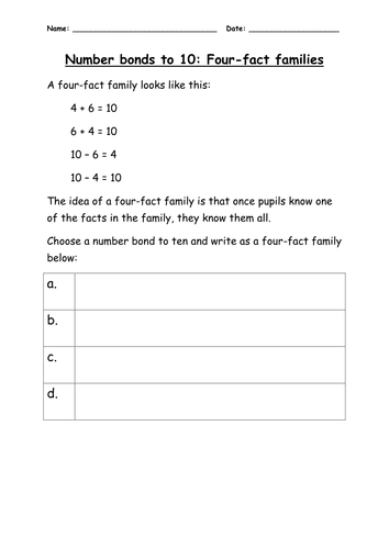 Number bonds to 10 - four-fact families | Teaching Resources