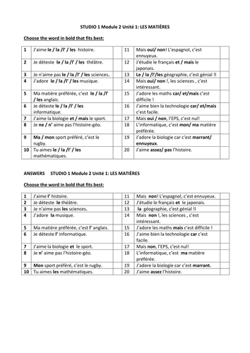 Studio 1 French Module 2 p 28+29 School Subjects | Teaching Resources