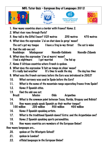 European Day of Languages Tutor Quiz | Teaching Resources