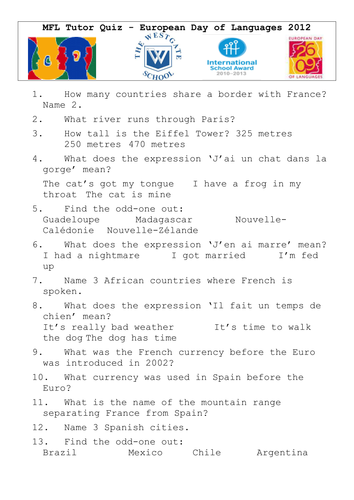 European Day of Languages Tutor Quiz | Teaching Resources