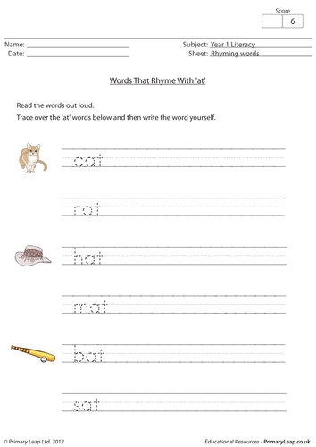Words that rhyme with 'at' | Teaching Resources