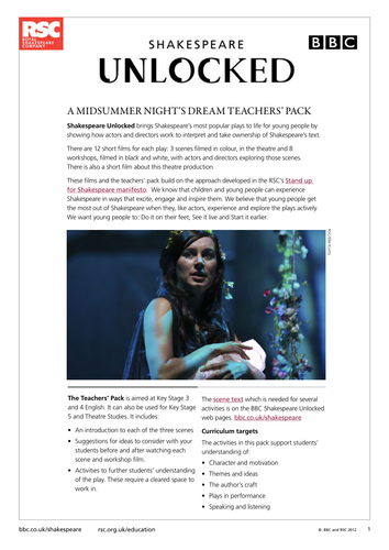 A Midsummer Night's Dream 2011 Teacher Pack (Shakespeare Unlocked ...