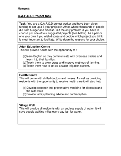 Cafod project sheet 2010.doc | Teaching Resources