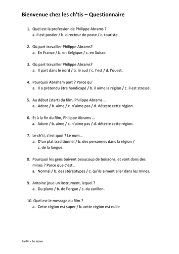 Bienvenue_chez_les_Chtis (le film) : questionnaire | Teaching Resources