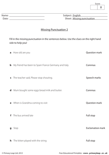 Missing Punctuation (2) | Teaching Resources
