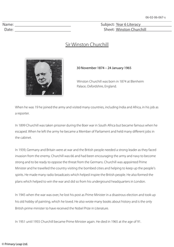 Comprehension - Sir Winston Churchill | Teaching Resources