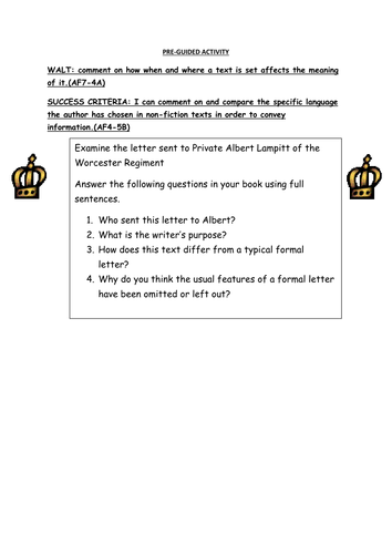 World War 1 Letters Reading Activities | Teaching Resources