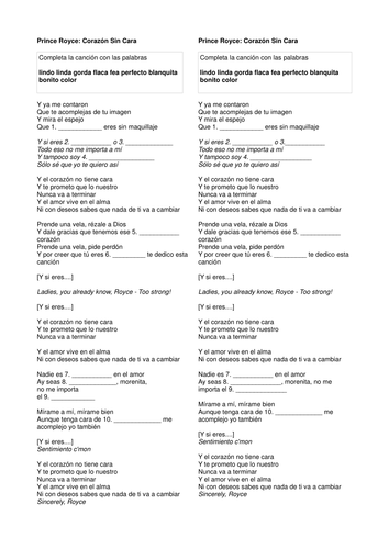Prince Royce Corazón sin cara, adjetivos | Teaching Resources