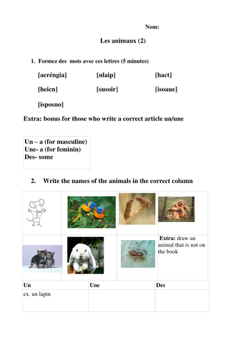 Les animaux Tasksheet | Teaching Resources