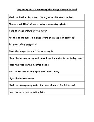 Energy in Food Investigation | Teaching Resources