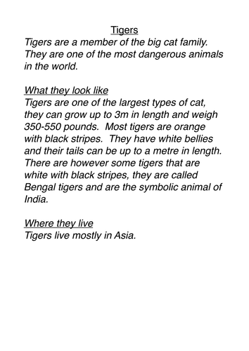 Non-Chronological Report Writing on Tigers - Years 3-5 | Teaching Resources