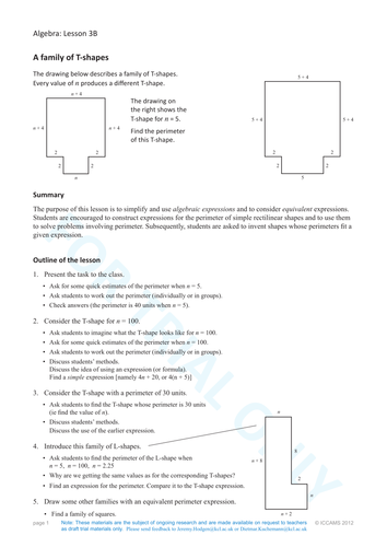 Algebra Lesson - Family of T Shapes | Teaching Resources