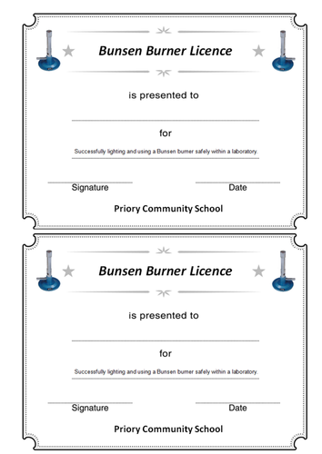 Bunsen burner licence printable with checklist - Educational Resources ...