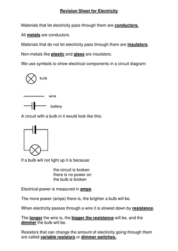 Electricity revision sheet | Teaching Resources