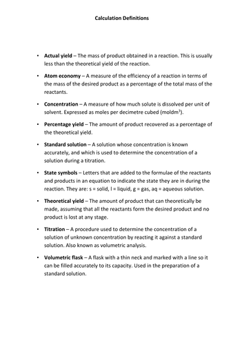 AS Calculation Definitions | Teaching Resources