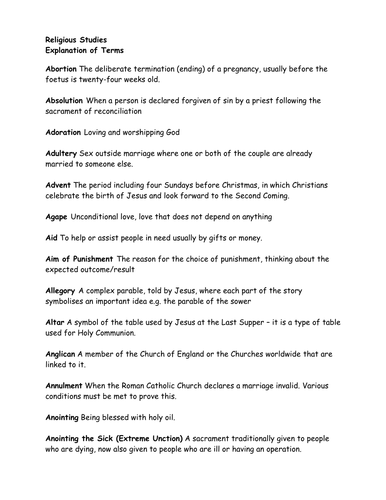 Religious Studies Glossary 2012. | Teaching Resources