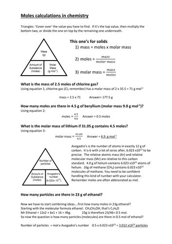 Moles calculations | Teaching Resources Moles calculations | Teaching Resources