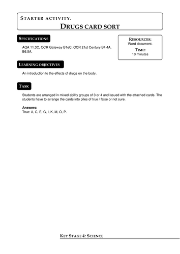 Drugs card sort starter | Teaching Resources