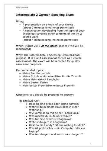 Pupil Guide Int 2 and Higher Speaking Exam | Teaching Resources