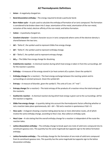 A2 Termodynamics Definitions | Teaching Resources