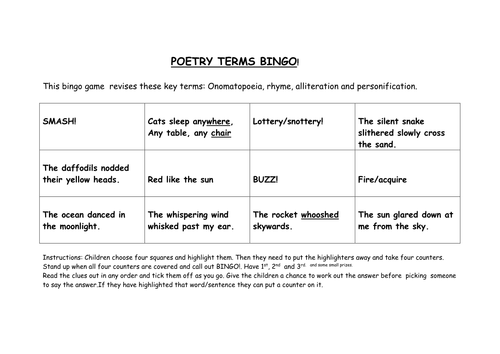 Poetry devices bingo Year 4/5/6 | Teaching Resources