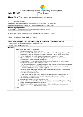 Big Writing lesson plan for Year 1 | Teaching Resources