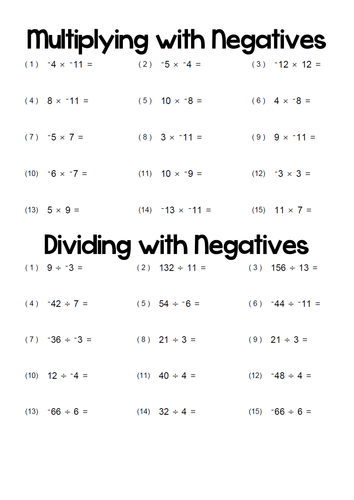 Multiplying And Dividing Negative Numbers Worksheets Negativ