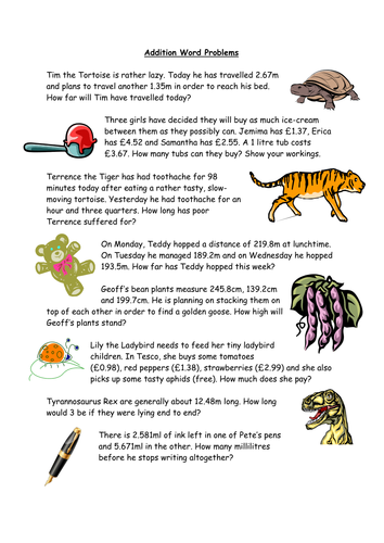 Addition Word Problems (Decimal Numbers) | Teaching Resources